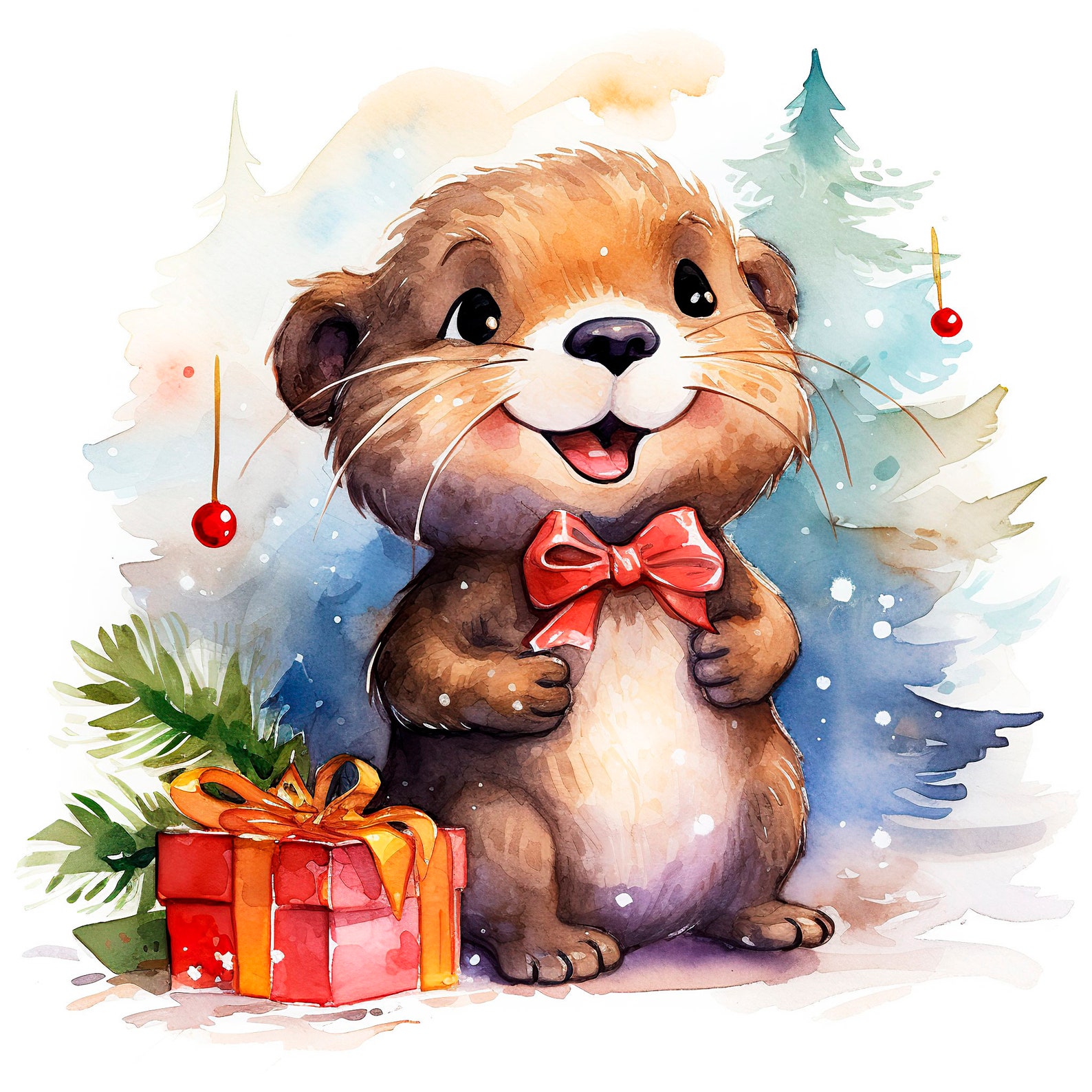 19 JPG Christmas Otter, Watercolour Christmas Clipart, Winter Clipart ...