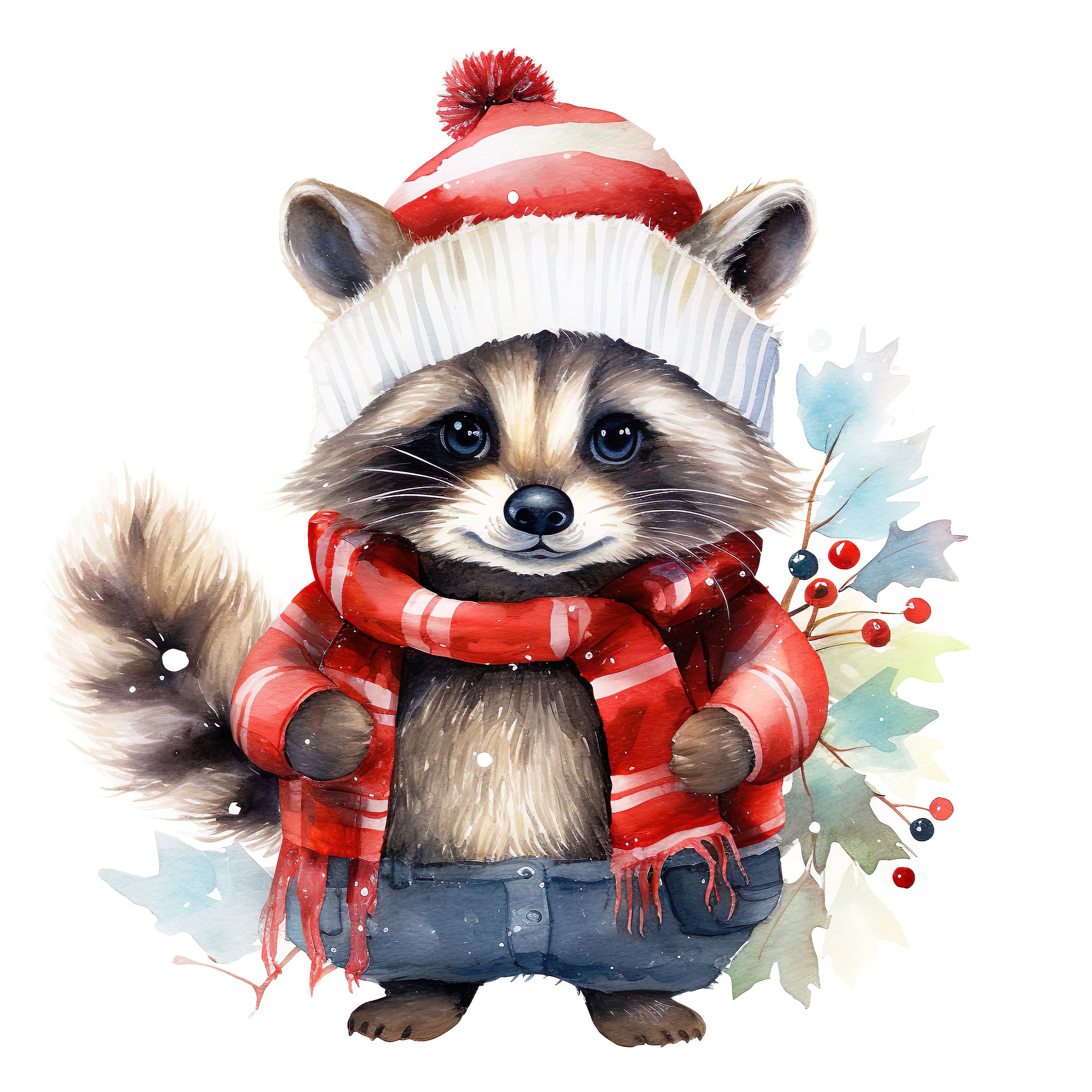 16 JPG Christmas Raccoon, Watercolor Animals, Watercolour Christmas ...