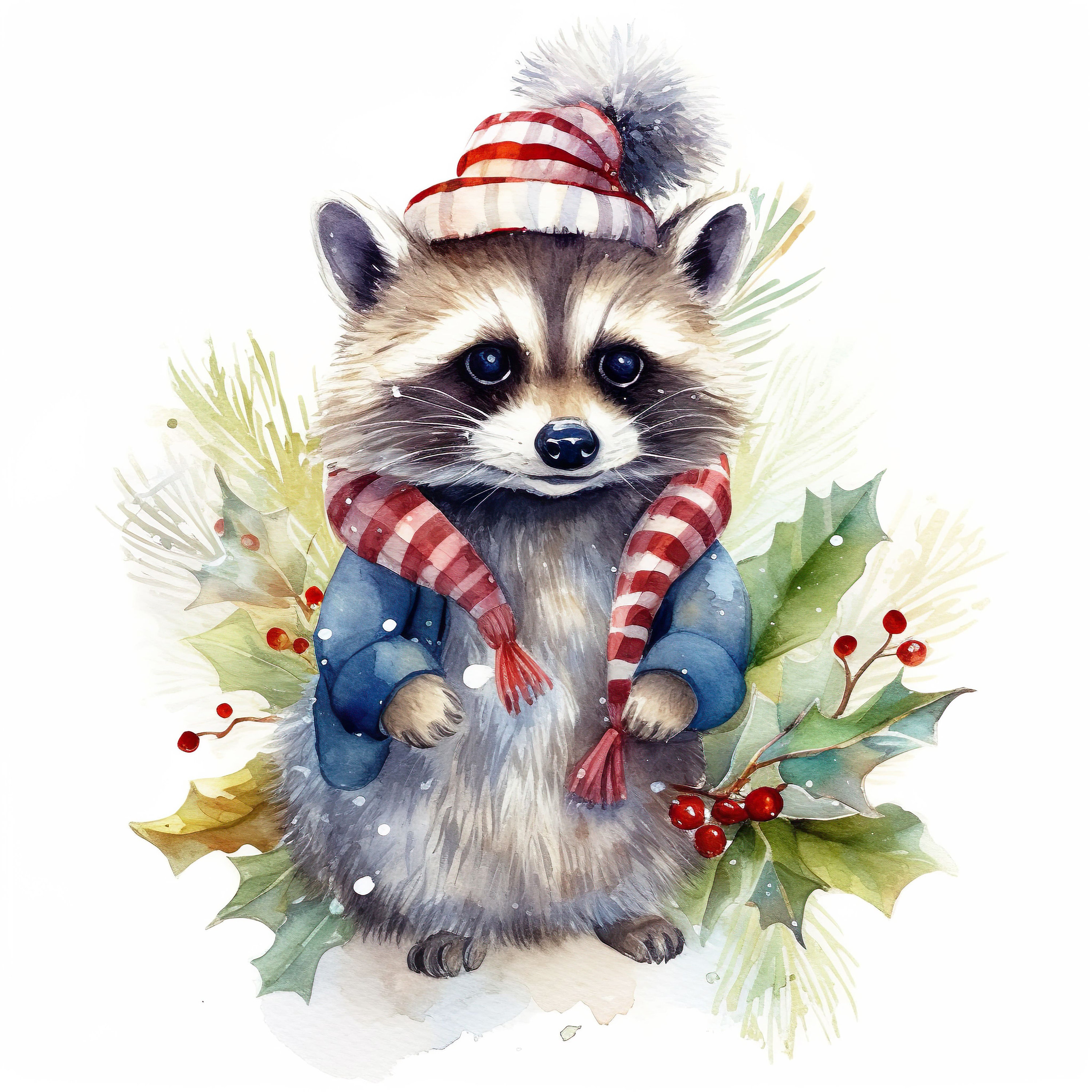 16 JPG Christmas Raccoon, Watercolor Animals, Watercolour Christmas ...