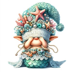 11 JPG Watercolor Sea Gnome, Funny Gnome, Mermaid Gnome, Elf Clipart ...
