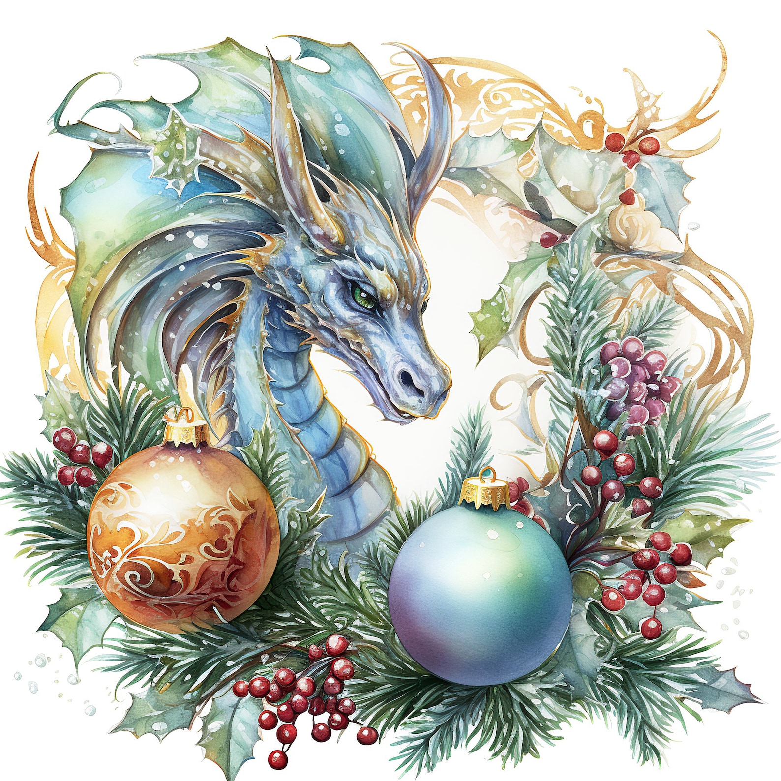 18 JPG Christmas Dragon, Watercolour Christmas Clipart, Dragon Clipart ...