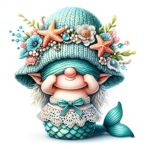 11 JPG Watercolor Sea Gnome, Funny Gnome, Mermaid Gnome, Elf Clipart ...