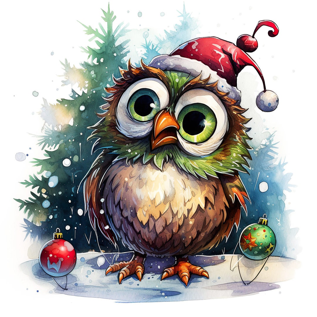 16 JPG Christmas Owl, Watercolour Christmas Clipart, Winter Clipart ...