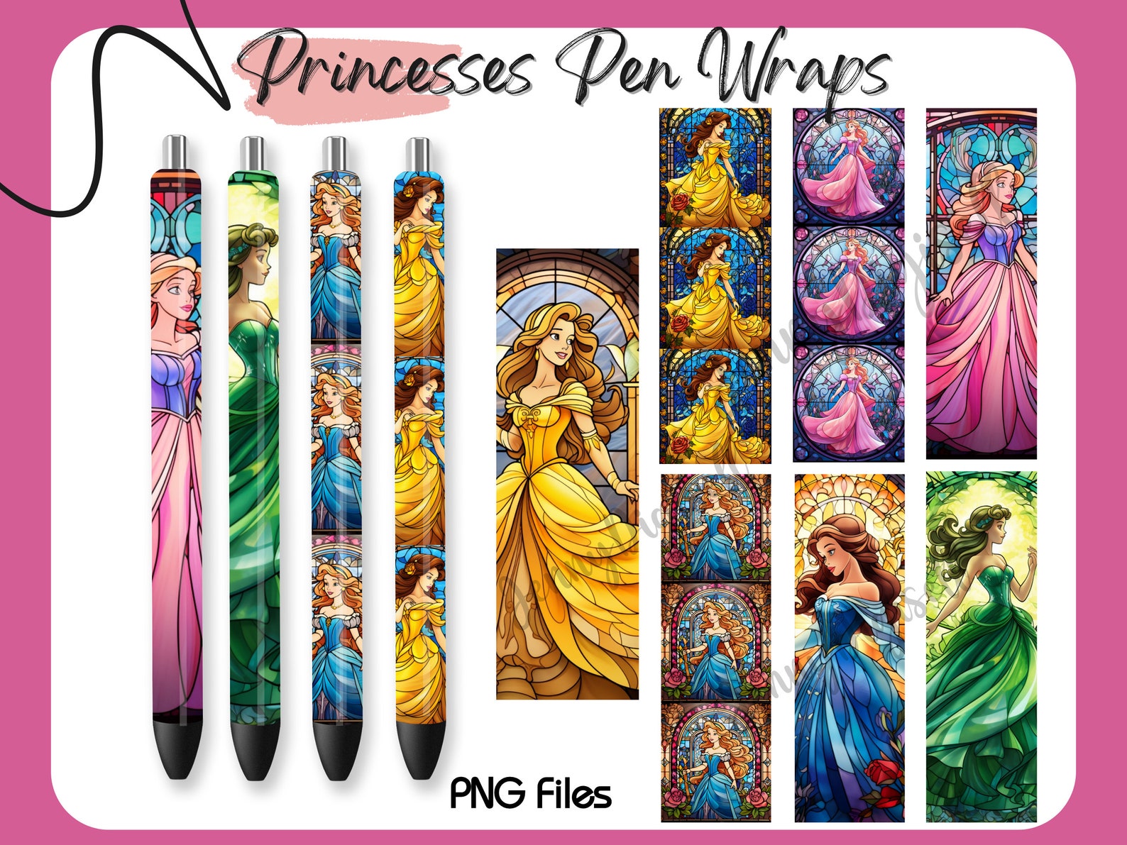 Princess Pen Wraps PNG, Set of 7 Styles Princess Pen Wraps, Stain Glass ...
