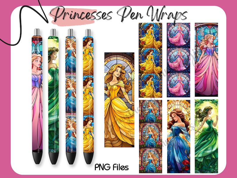 Princess Pen Wraps PNG, Set of 7 Styles Princess Pen Wraps, Stain Glass ...