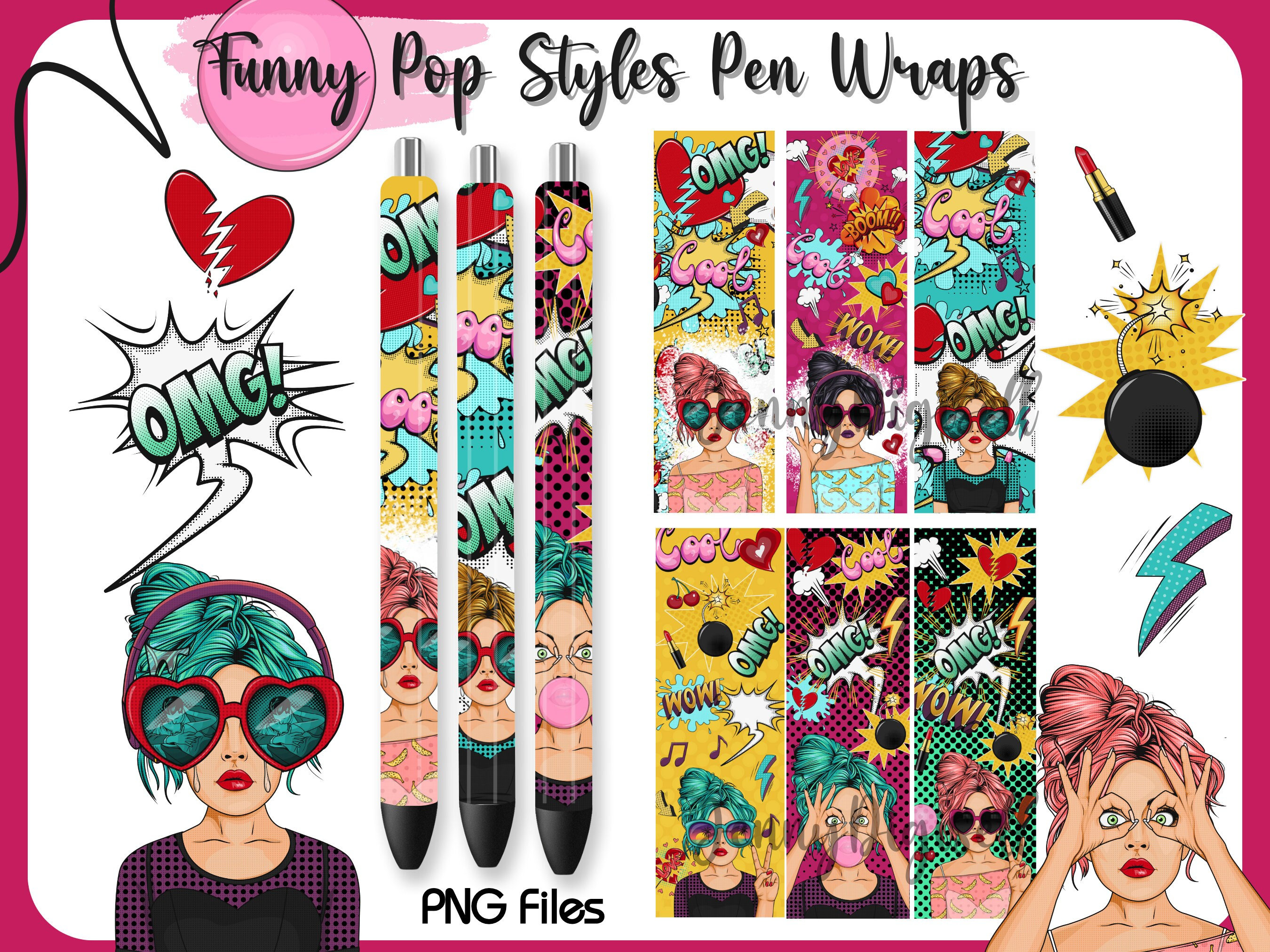 Funny Pop Pen Wraps PNG, Comic Cartoon Pen Wrap Set of 6 Styles, Funny ...