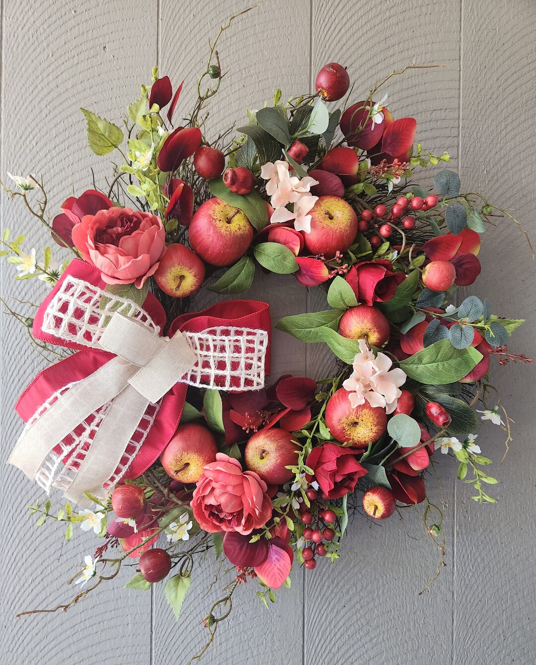 Fall 24 Inch Apple Twig Wreath With Red Apples Peonies and - Etsy