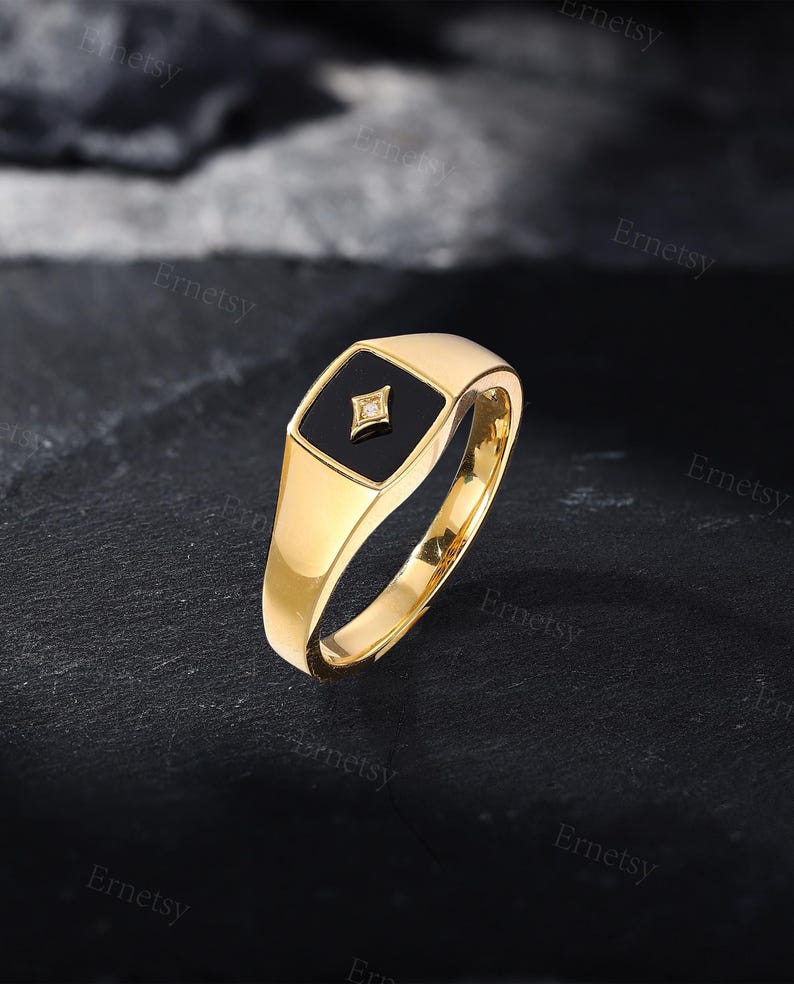 Unique Mens Black Onyx Signet Ring, Gold Statement Ring With Moissanite ...
