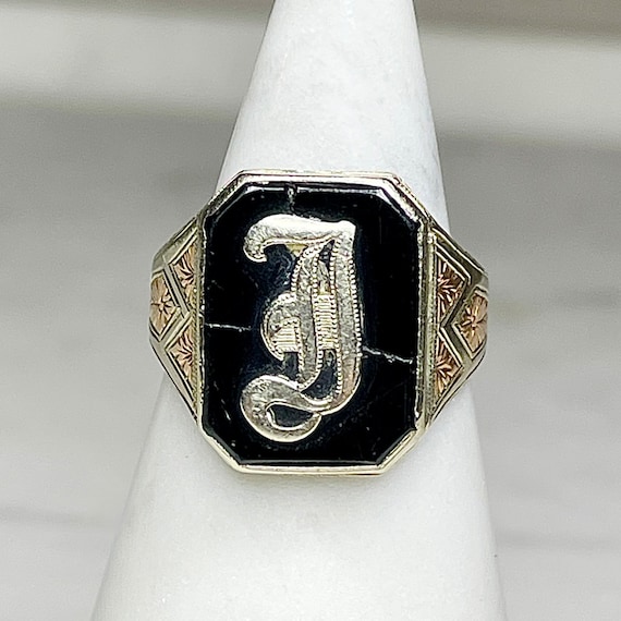 Antique Letter "A" Initial Black Onyx and 14K Gold Ri… - Gem