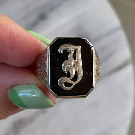 Antique Letter "A" Initial Black Onyx and 14K Gold Ri… - Gem