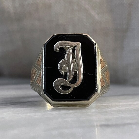 Antique Letter "A" Initial Black Onyx and 14K Gold Ri… - Gem