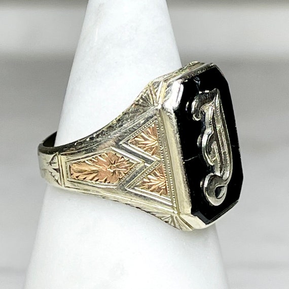 Antique Letter "A" Initial Black Onyx and 14K Gold Ri… - Gem