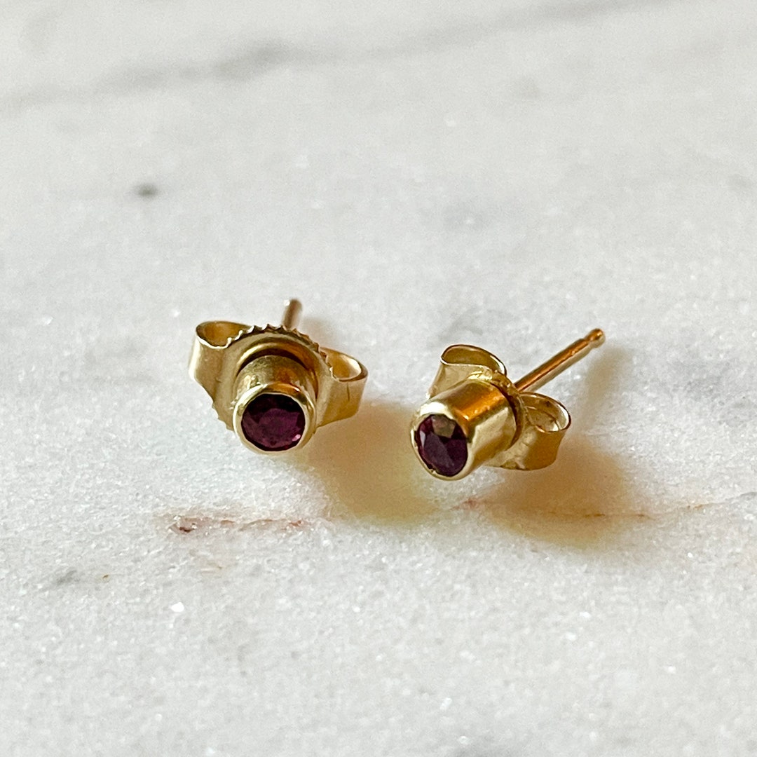 Teeny Tiny Itty Bitty Bezel Set Ruby Pavé Chip 14K Yellow Gold Stud Earrings - Etsy