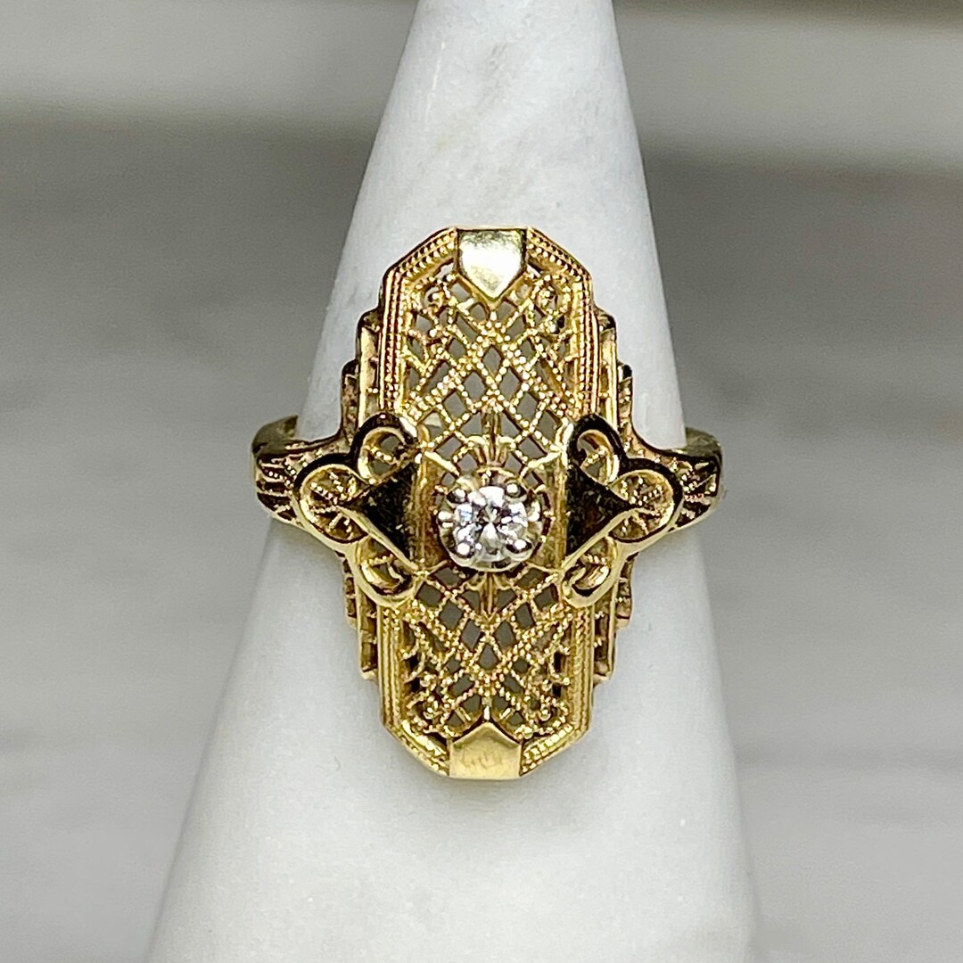 Antique Art Deco 14K Yellow Gold Diamond Ring - Etsy