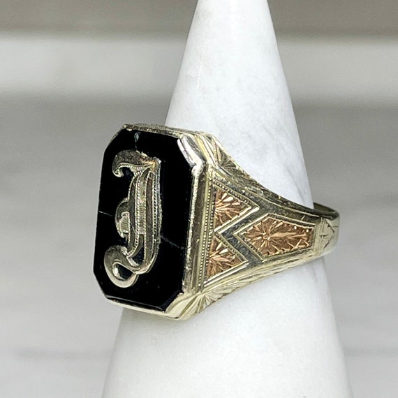 Antique Letter "A" Initial Black Onyx and 14K Gold Ri… - Gem