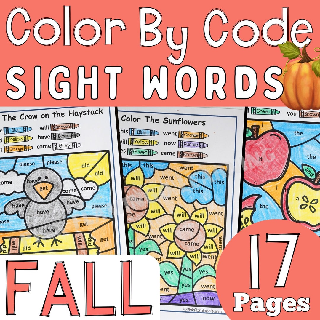 Fall Color by Code Coloring Using Kindergarten Sight Words - Etsy
