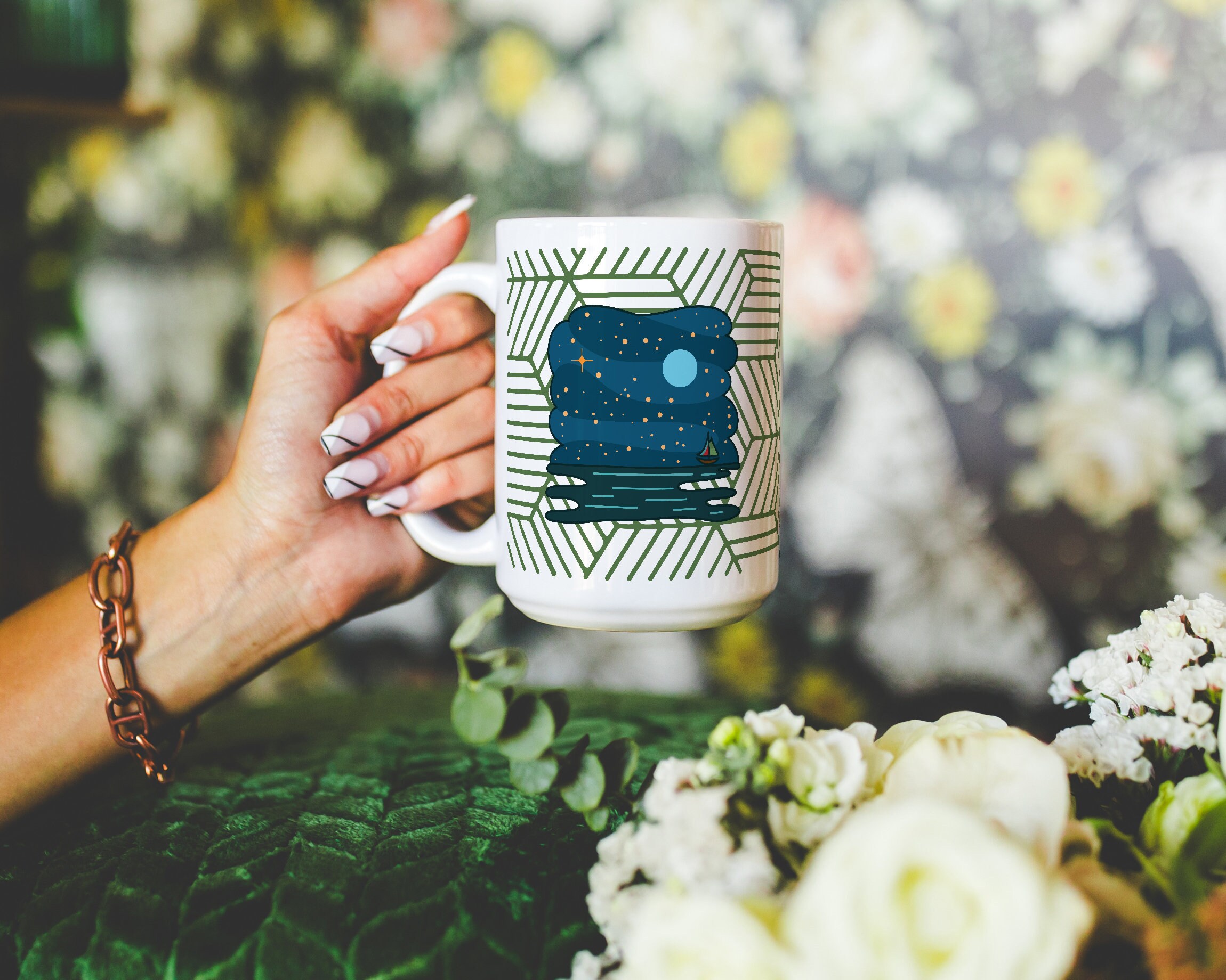 Nautical Coffee Tea Mug, Navigator Cup, Captain Sailing Gift, Geometric ...
