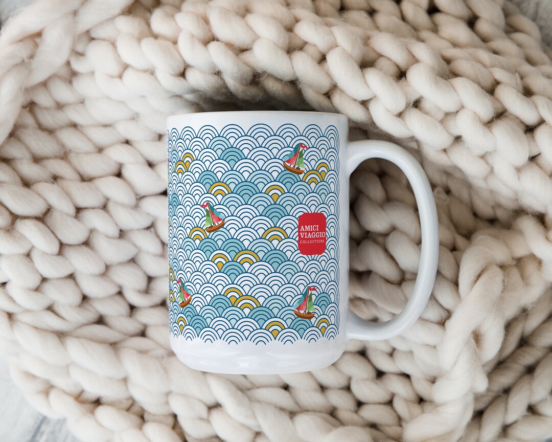 Nautical Waves Sailboat Coffee Tea Mug, Navigator Cup, Captain Sailing ...