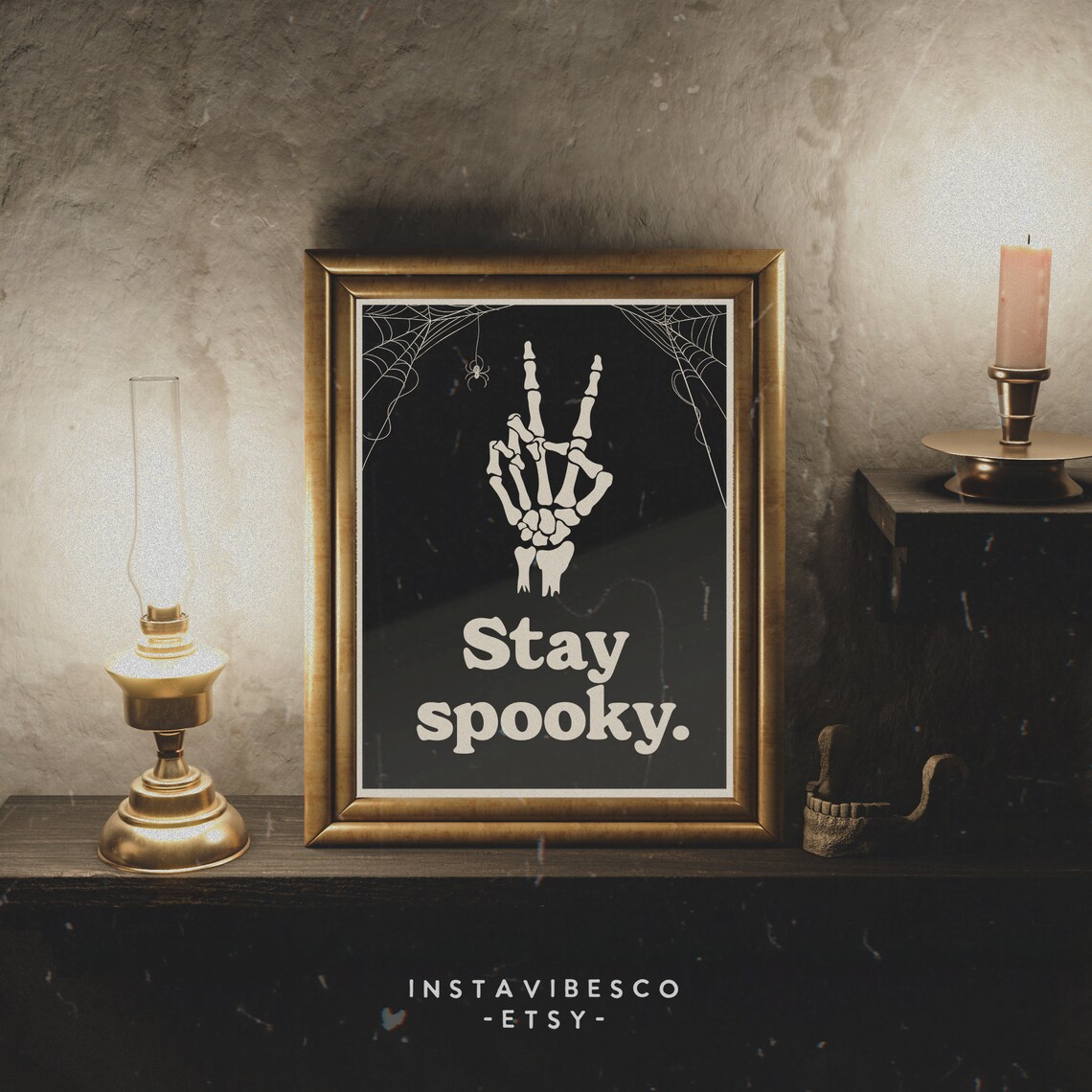 Halloween Skeleton Peace Sign Print: Stay Spooky Retro Decor (digital ...