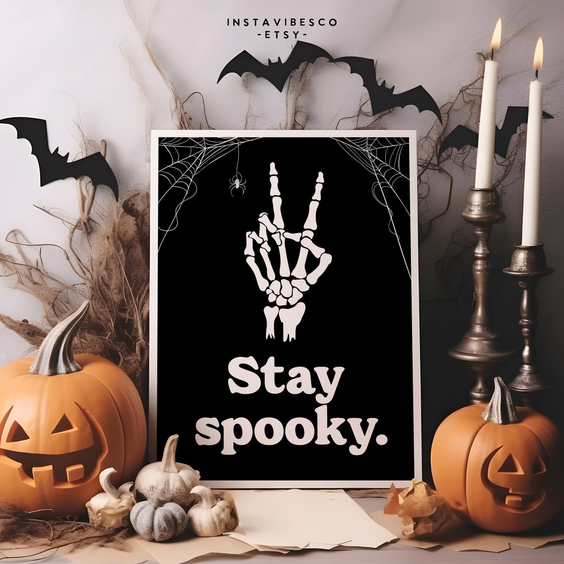 Halloween Skeleton Peace Sign Print: Stay Spooky Retro Decor (digital ...