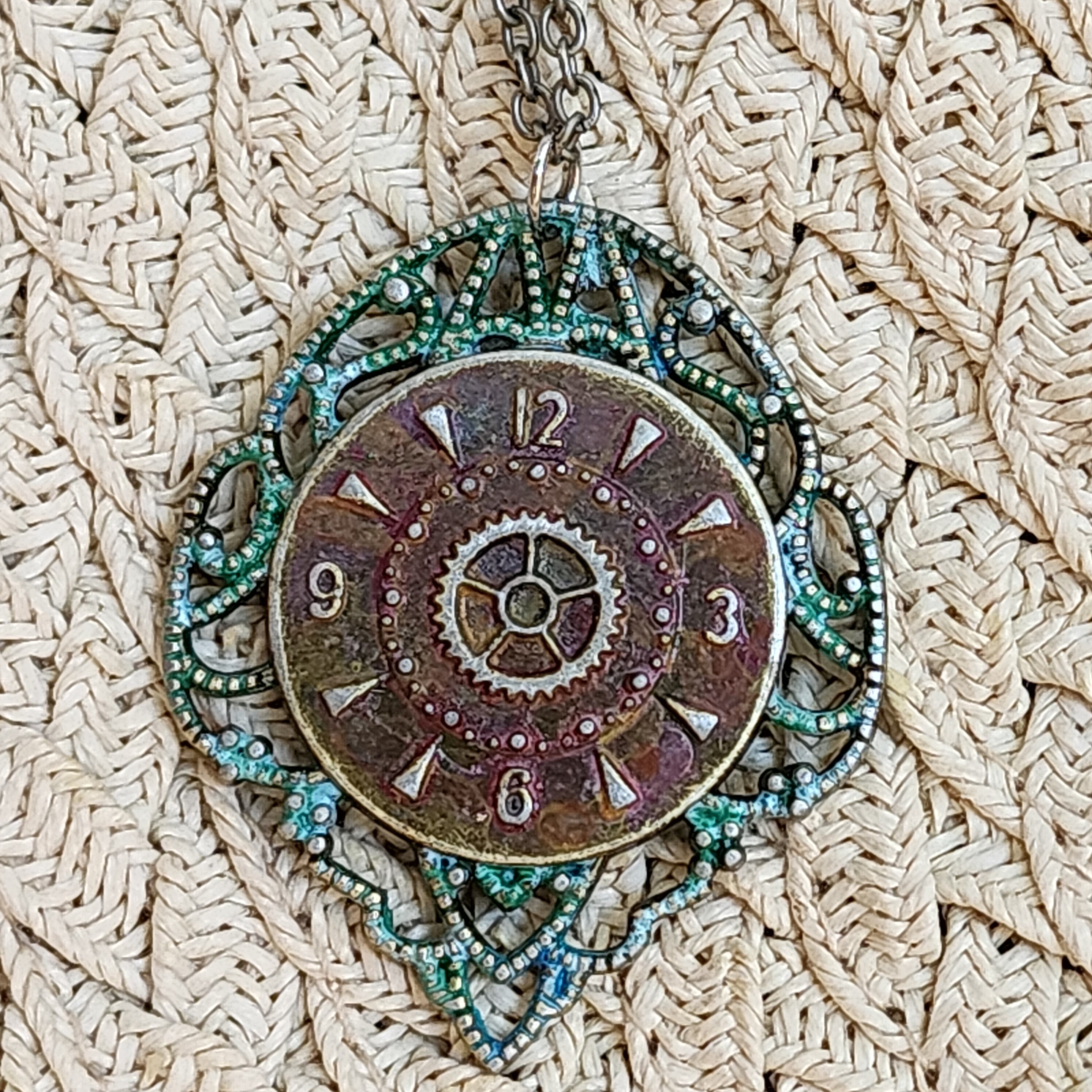 Necklace: Antique Clock, Hand Painted Patina, Unique Design on Bronze ...