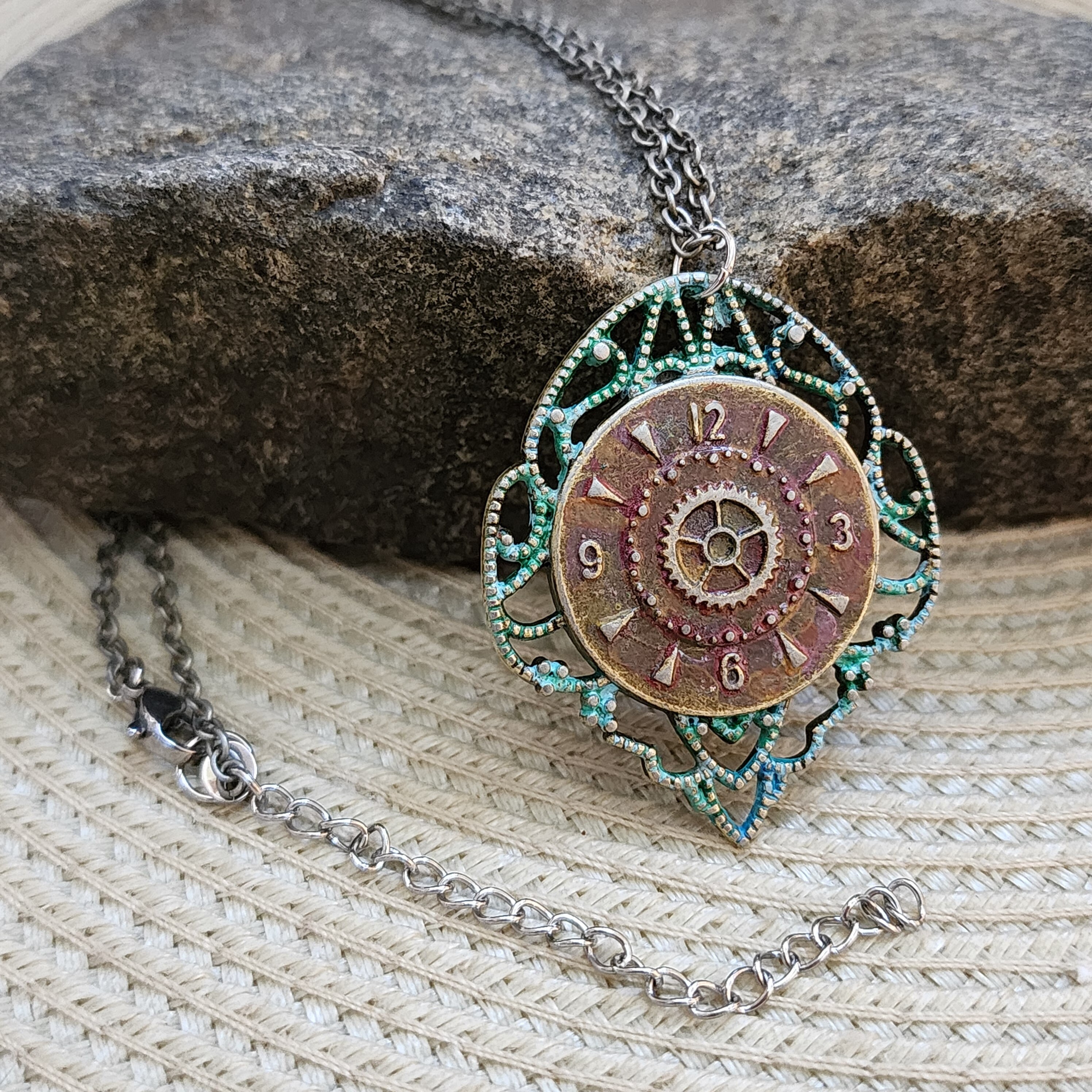 Necklace: Antique Clock, Hand Painted Patina, Unique Design on Bronze ...