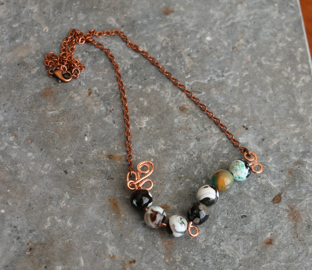 Copper Necklace Marbled Agate Stones, Unique, Hand-made Copper Wire ...