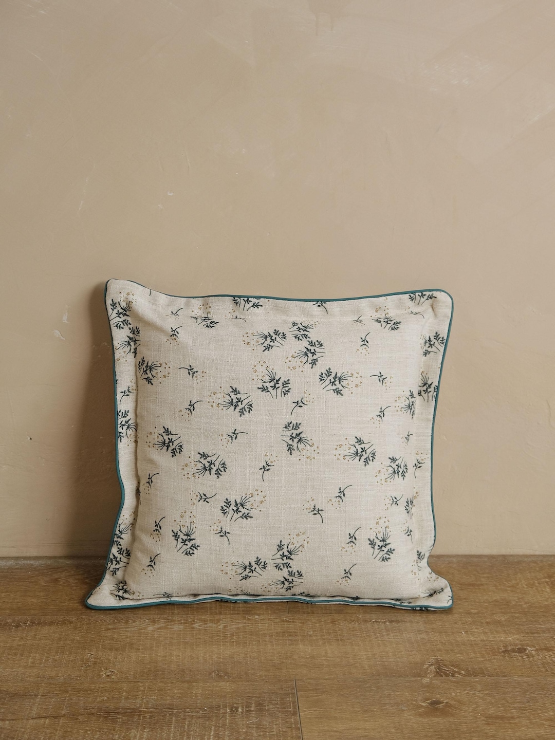 Derris Linen Pillow With Floral Print and Green Piping, Natural Linen ...