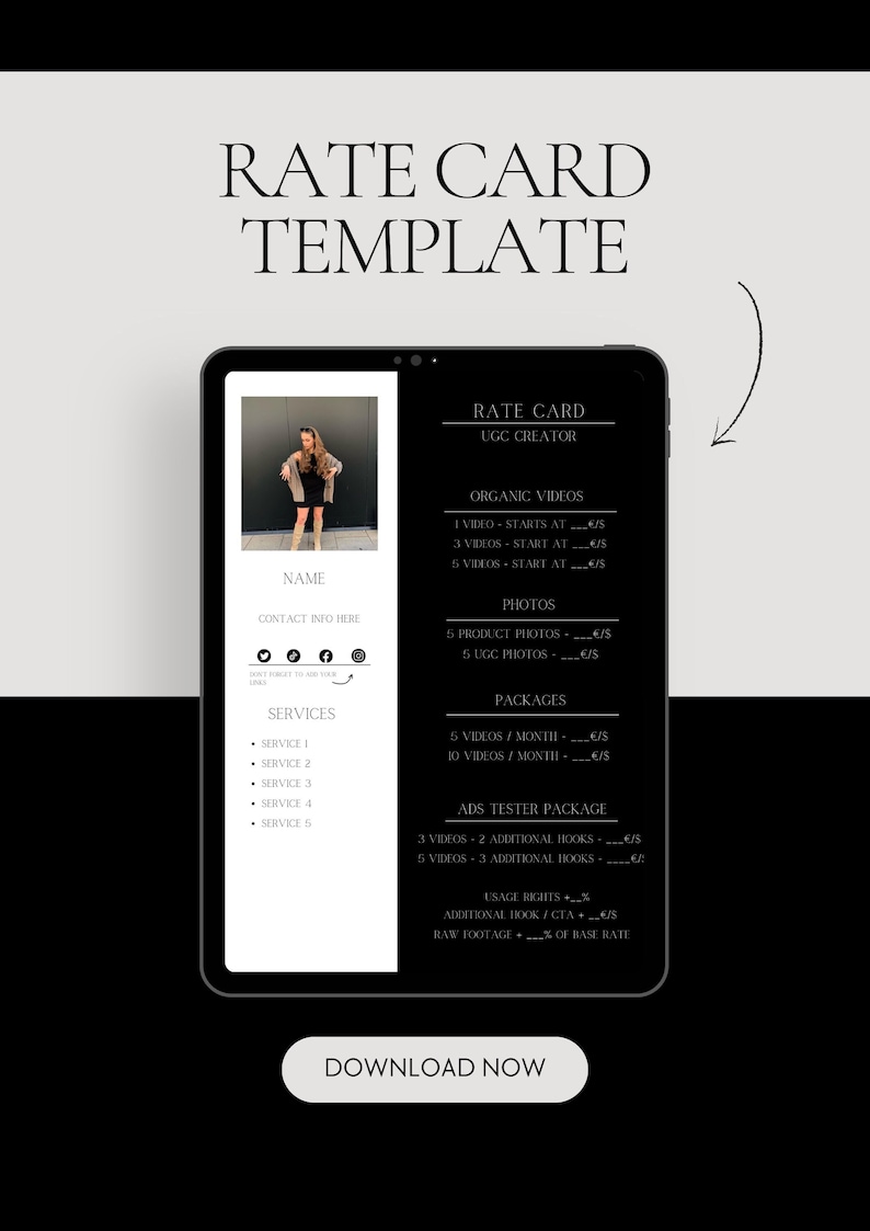 Editable UGC Rate Card Template, Modern Rate Sheet, Minimalistic Media ...