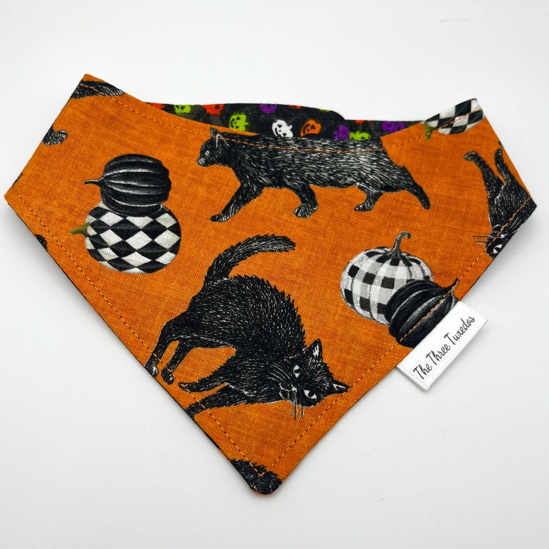 Black Cat Pumpkin Bandana | Reversible Orange Cotton | for Cats & Dogs ...