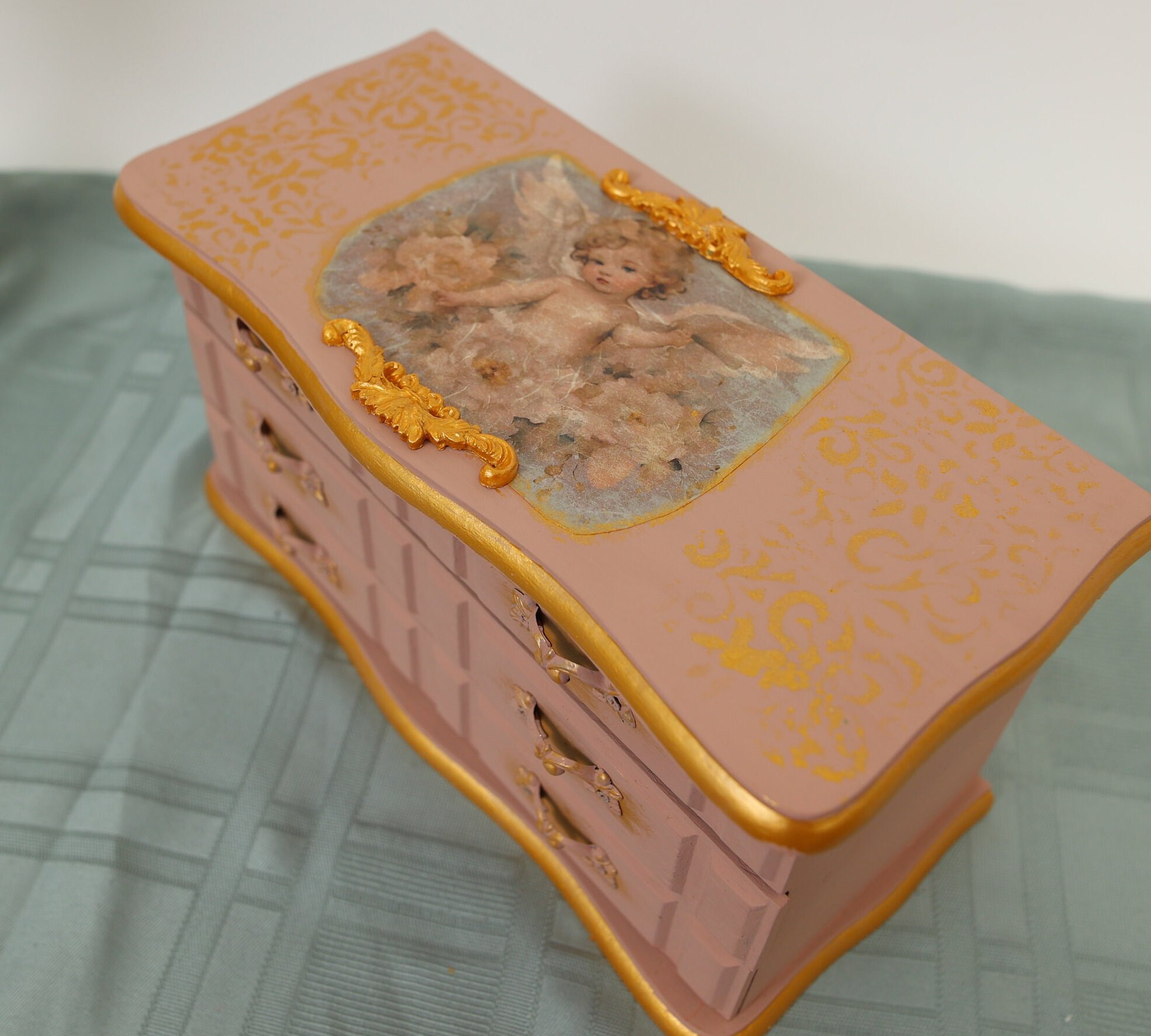 Angel Adorned Jewelry Box. Pink and Gold. Refurbished Vintage Box. - Etsy
