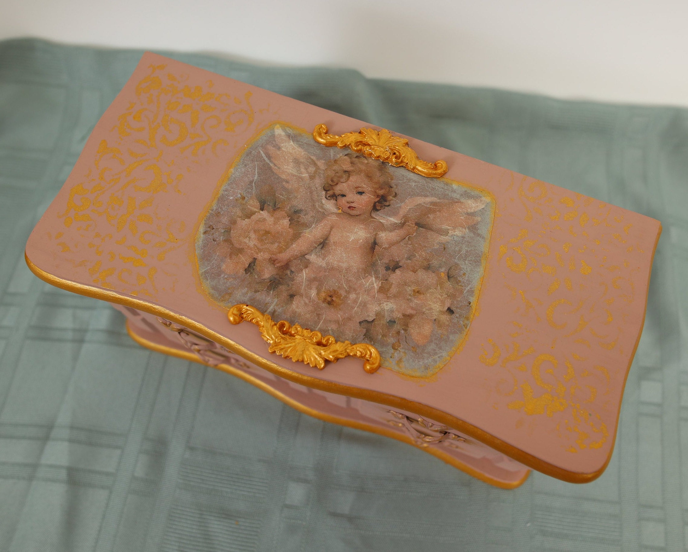 Angel Adorned Jewelry Box. Pink and Gold. Refurbished Vintage Box. - Etsy