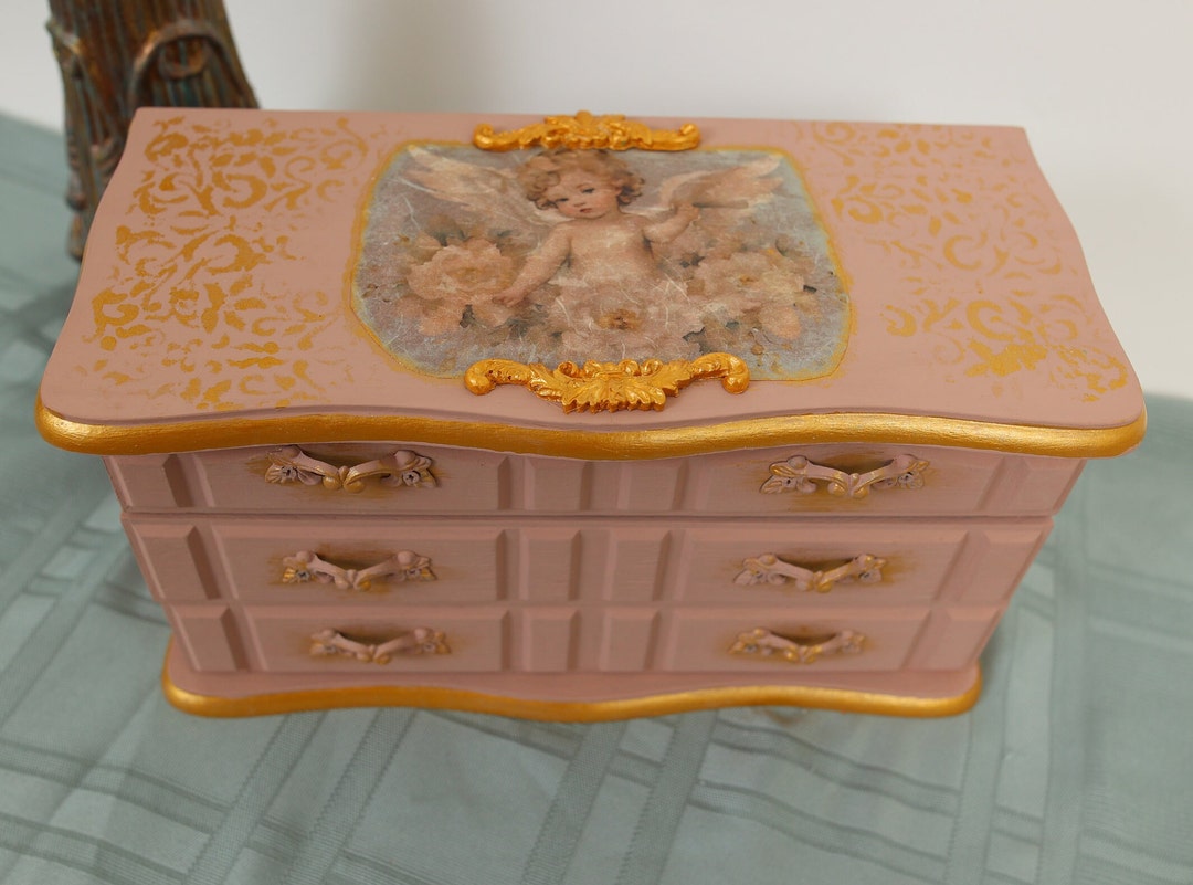 Angel Adorned Jewelry Box. Pink and Gold. Refurbished Vintage Box. - Etsy