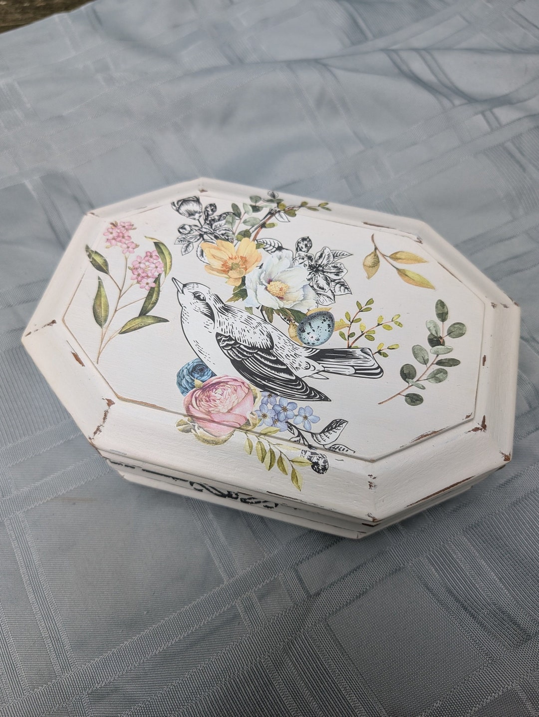 Cream Colored Box With a Bird Theme. Slightly Distressed, Shabby Chic ...
