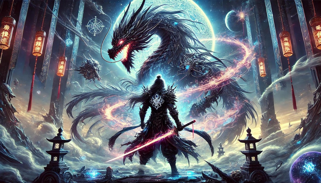 Celestial Dragon Warrior Art Set – Mystical Samurai Fantasy Digital ...