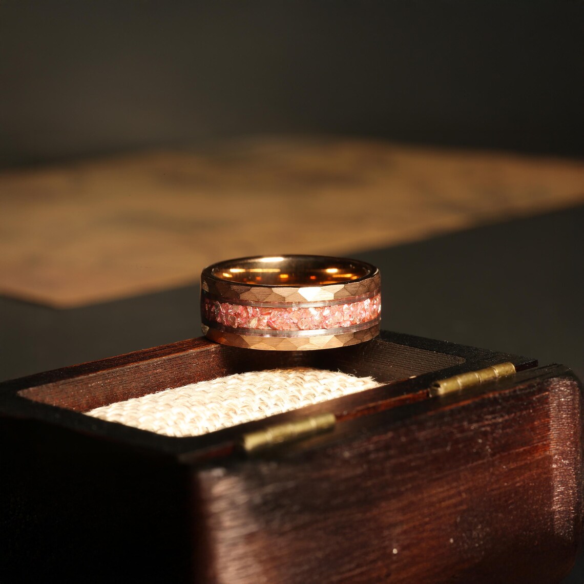 Crushed Morganite Rose Gold Wedding Band 8mm Hammered Tungsten Ring ...