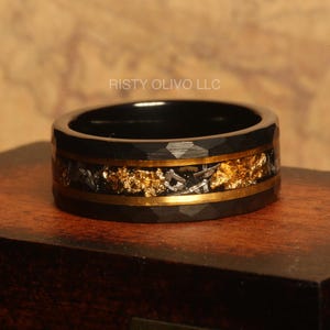 The Aether -hammered Gold Leaf and Meteorite Ring Black Hammered Wedding Ring Brushed Tungsten ...