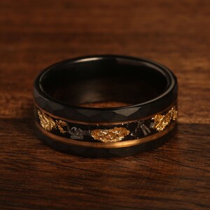The Aether -hammered Gold Leaf and Meteorite Ring Black Hammered Wedding Ring Brushed Tungsten ...