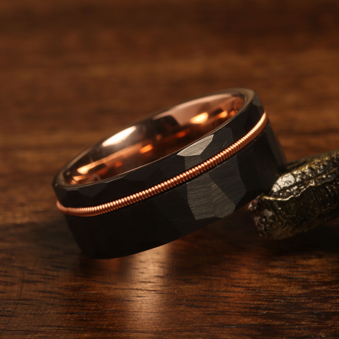 Guitar String Ring, Hammered Wedding Band, Brushed Ring, Tungsten Men's ...