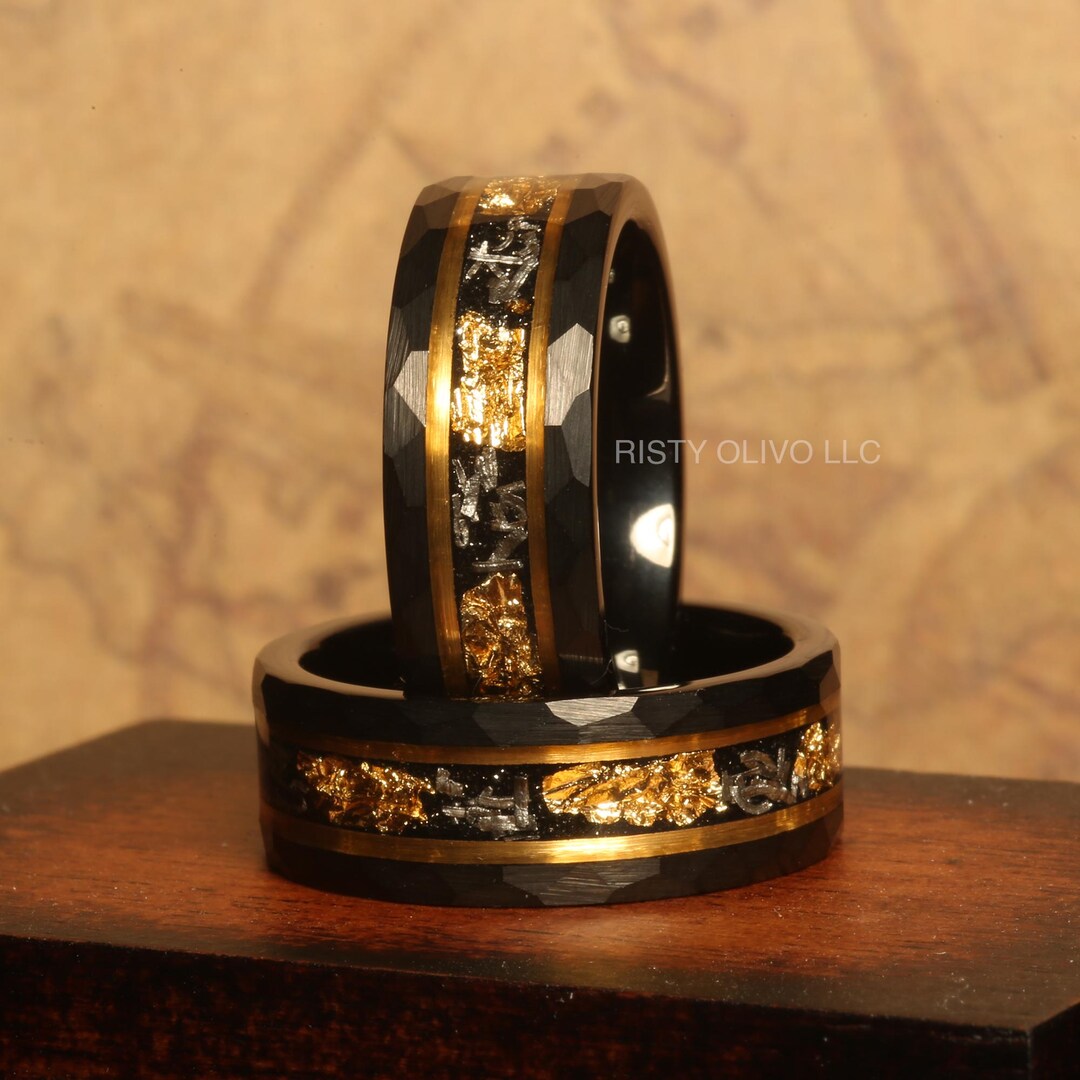 The Aether -hammered Gold Leaf and Meteorite Ring Black Hammered Wedding Ring Brushed Tungsten ...