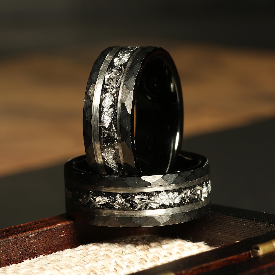 The Artemis Hammered Leaf and Meteorite Ring, Black Hammered Wedding ...