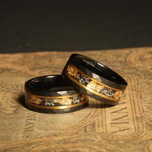 The Aether -hammered Gold Leaf and Meteorite Ring Black Hammered Wedding Ring Brushed Tungsten ...