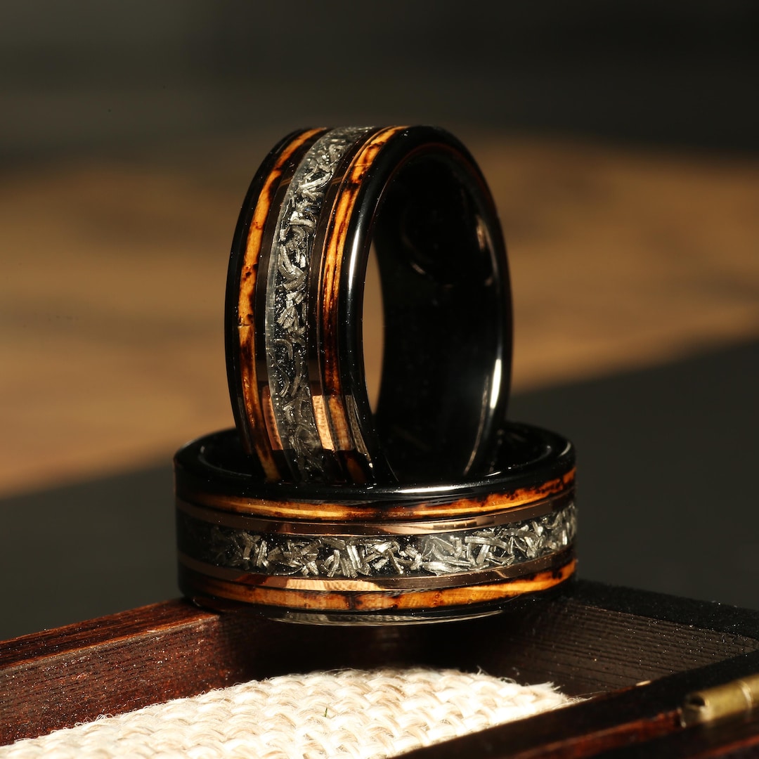Charred Whiskey Barrel Ring With Meteorite, Meteorite Wood Ring ...