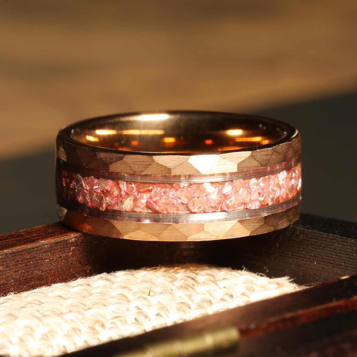 Crushed Morganite Rose Gold Wedding Band 8mm Hammered Tungsten Ring ...