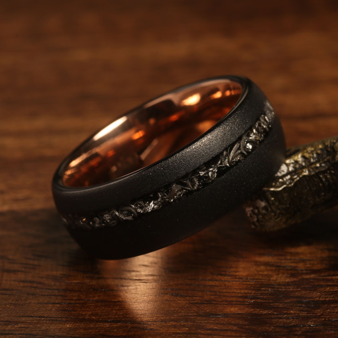Meteorite Ring With Rose Gold Insides, Black Sandblasted Wedding Ring ...