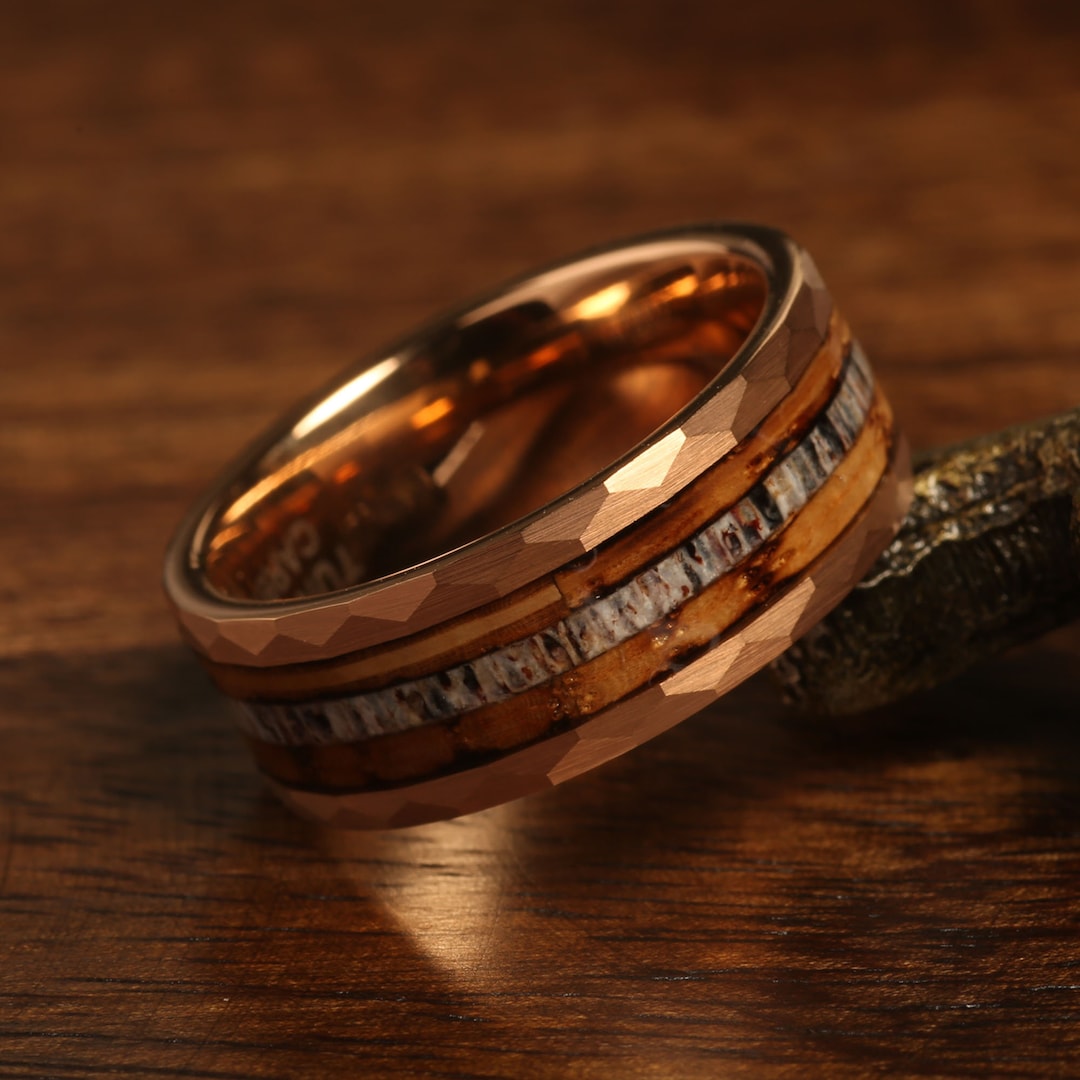 Men's Wedding Ring the Elk Deer Antler & Charred Whiskey Barrel Wood ...