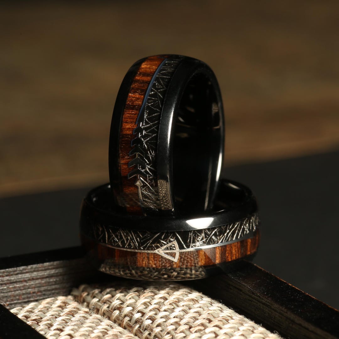 Personalized Men's Wedding Ring | Black Tungsten Meteorite & Koa Wood ...