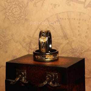 The Aether -hammered Gold Leaf and Meteorite Ring Black Hammered Wedding Ring Brushed Tungsten ...