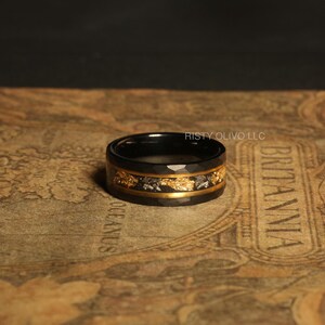 The Aether -hammered Gold Leaf and Meteorite Ring Black Hammered Wedding Ring Brushed Tungsten ...
