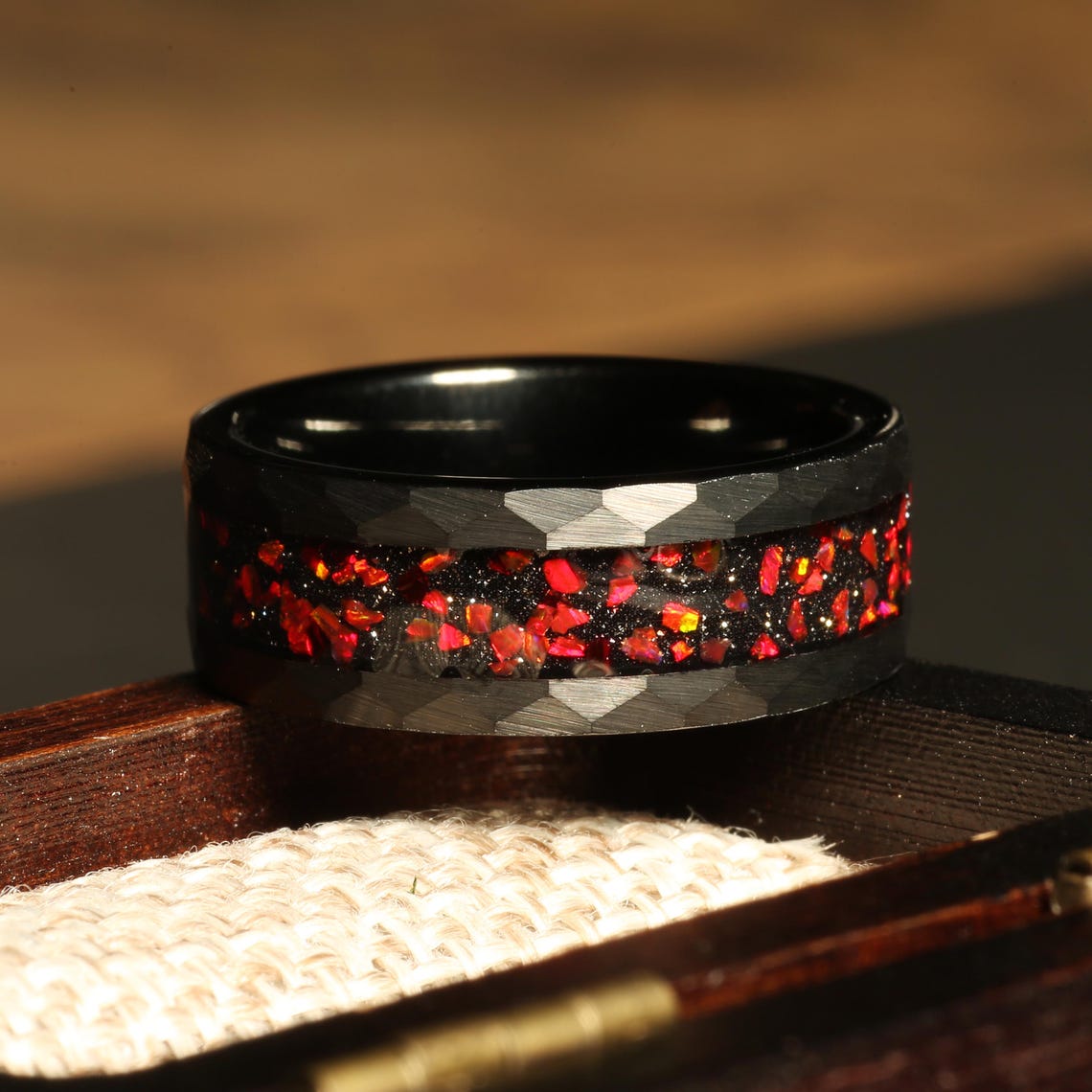 Black Garnet Ring, Tungsten Ring With Red Gemstone Inlay, Mens Wedding ...